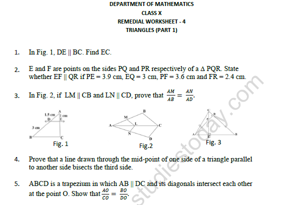 CBSE Class 10 Mathematics Triangles Worksheet Set C